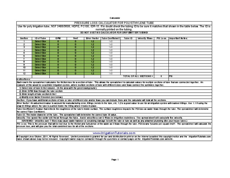 Polyethylene Tube Pressure Friction Loss Calculator | Building ...