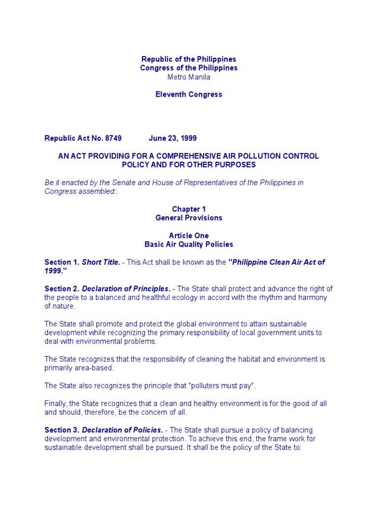RA 8749-Philippine Clean Air Act of 1999.docx | Air Pollution ...