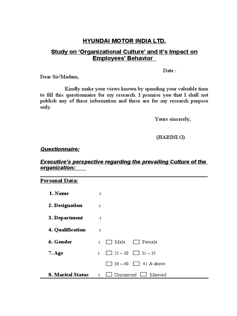 ORGANISATIONAL CULTURE - Questionnaire | Organizational Culture ...