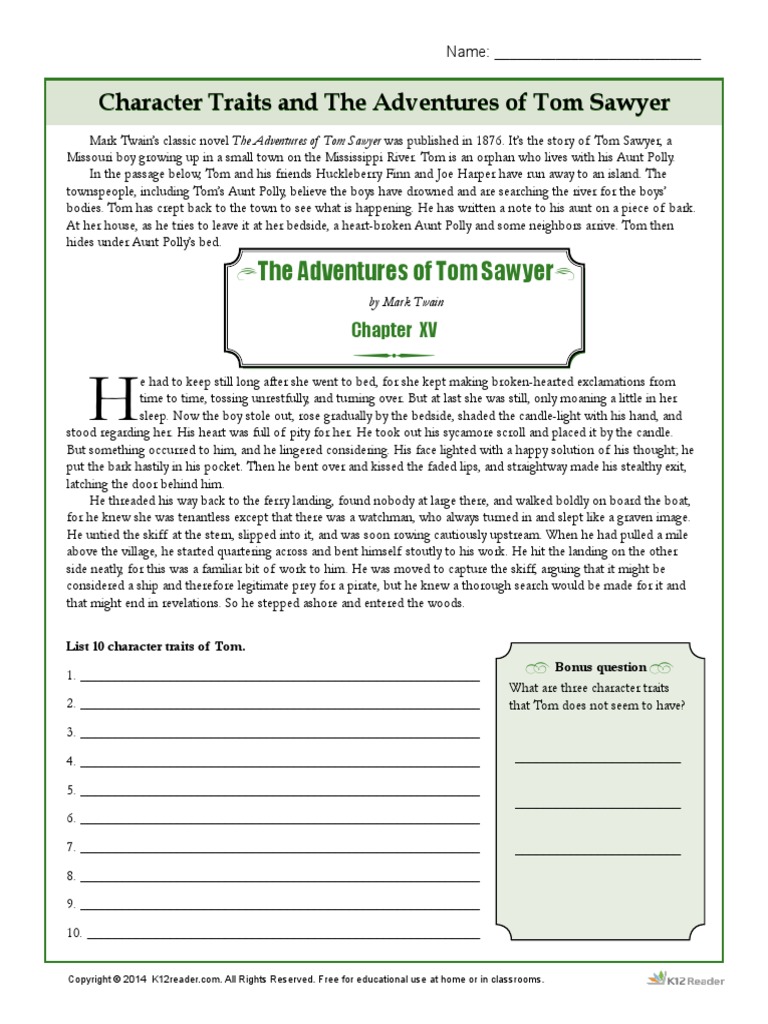 Character Traits and The Adventures of Tom Sawyer | PDF | The ...