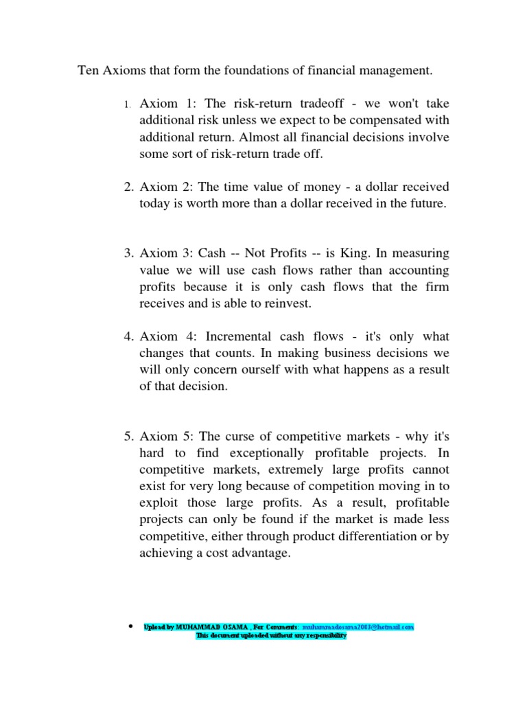 Ten Axioms of Finance | PDF | Profit (Economics) | Risk
