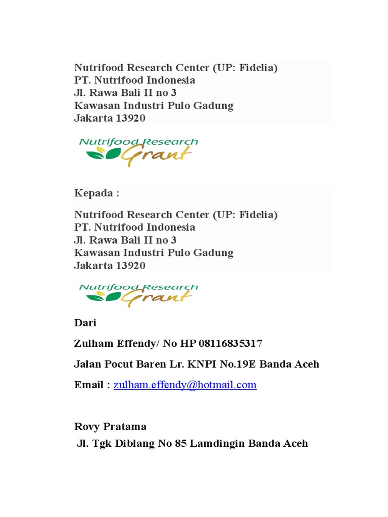 Nutrifood Research Center Contact Details | PDF