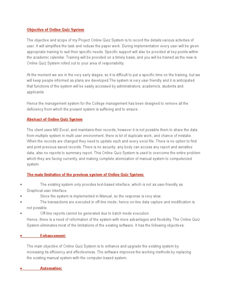 Objective of Online Quiz System | PDF | Input/Output | Databases
