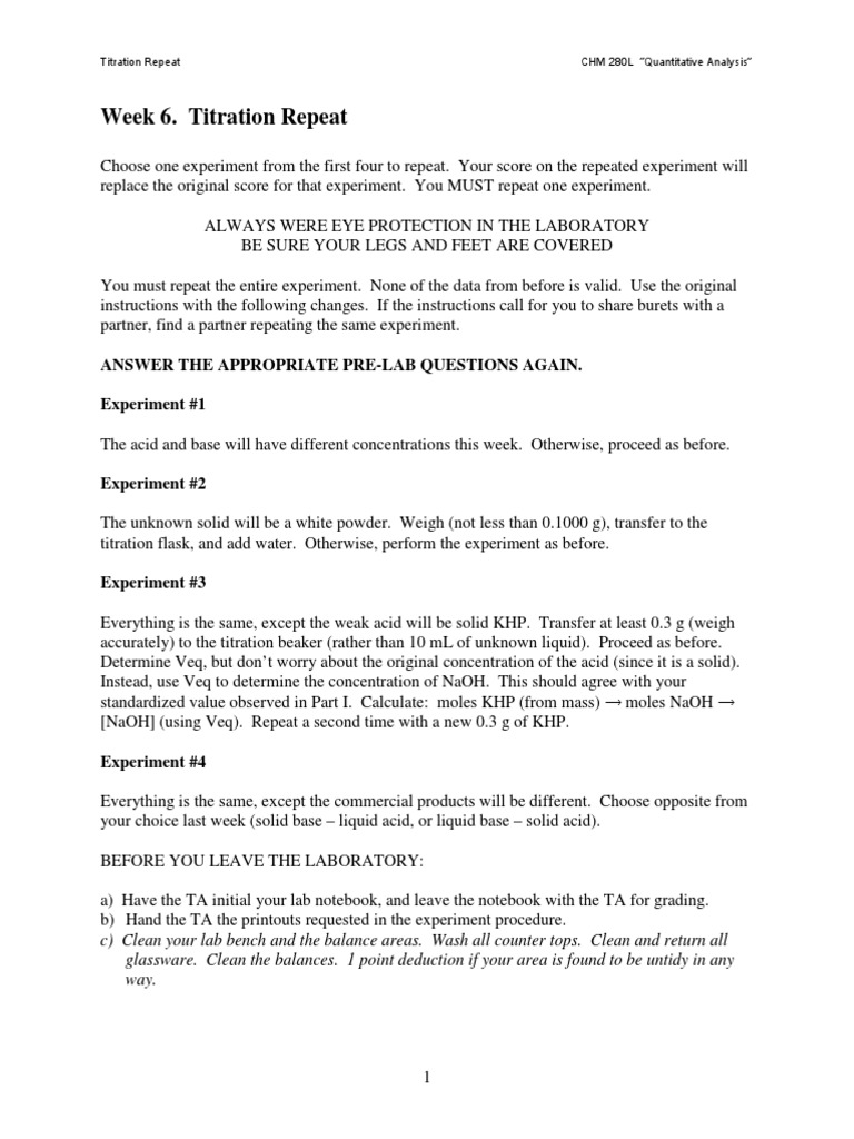 Week 6. Titration Repeat: Answer The Appropriate Pre-Lab Questions ...