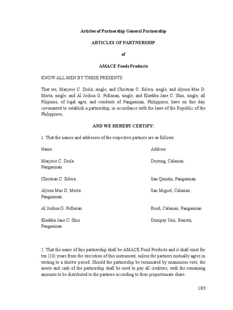 Articles of Partnership General Partnership | Partnership | Business Law