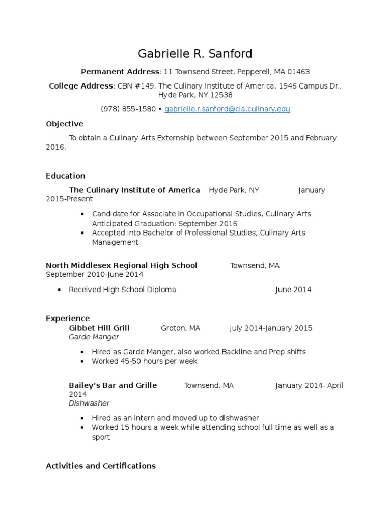 Resume Gabrielle R | PDF | Career & Growth | Cooking, Food & Wine
