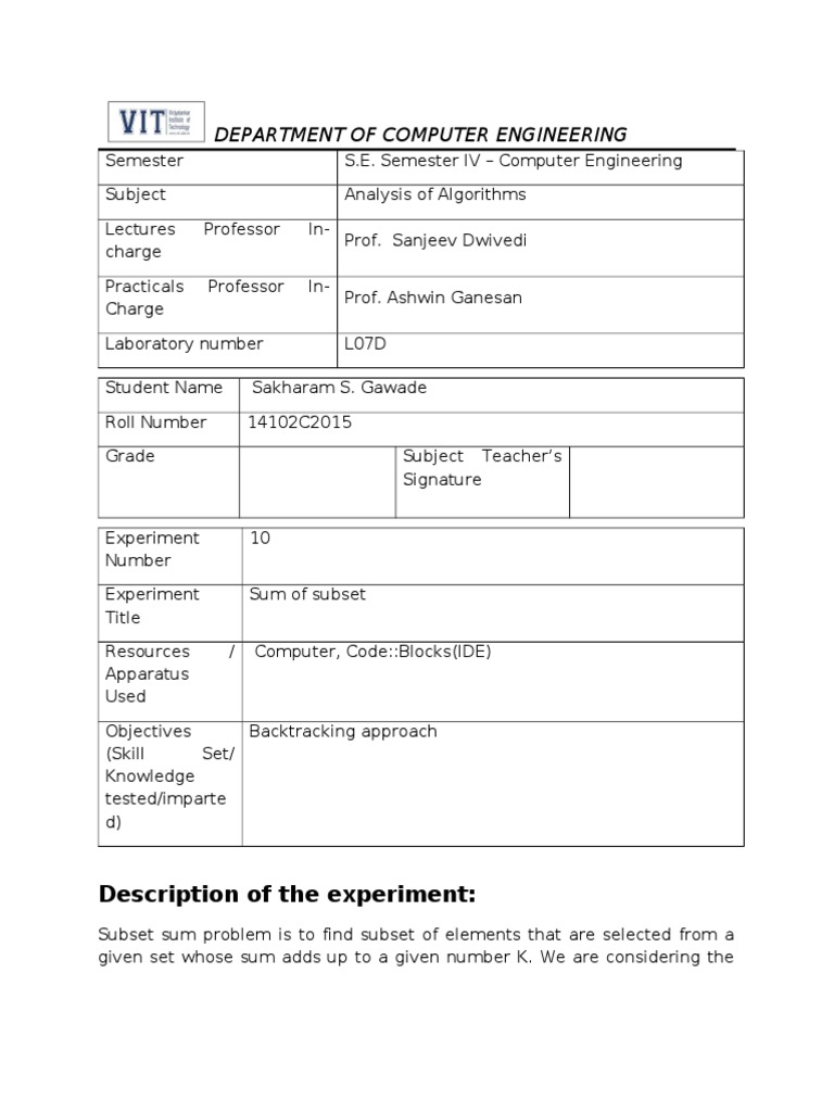 Subset Sum Algorithm Analysis | PDF