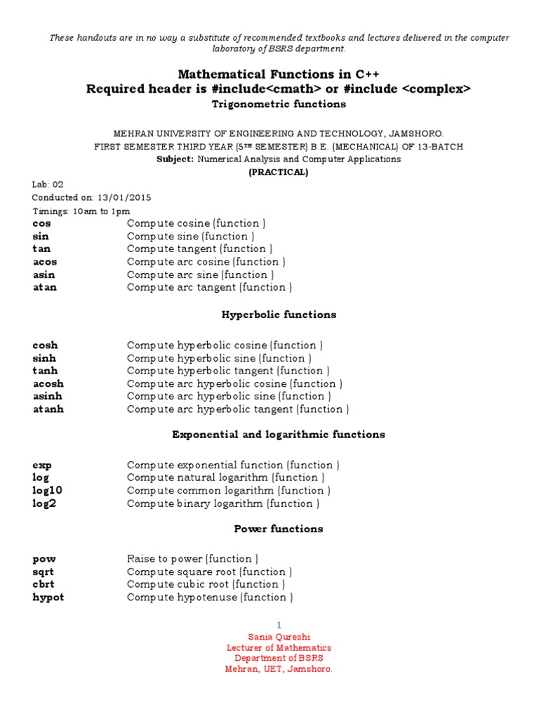 Mathematical Functions in C++ and Source Code | PDF | Trigonometric ...
