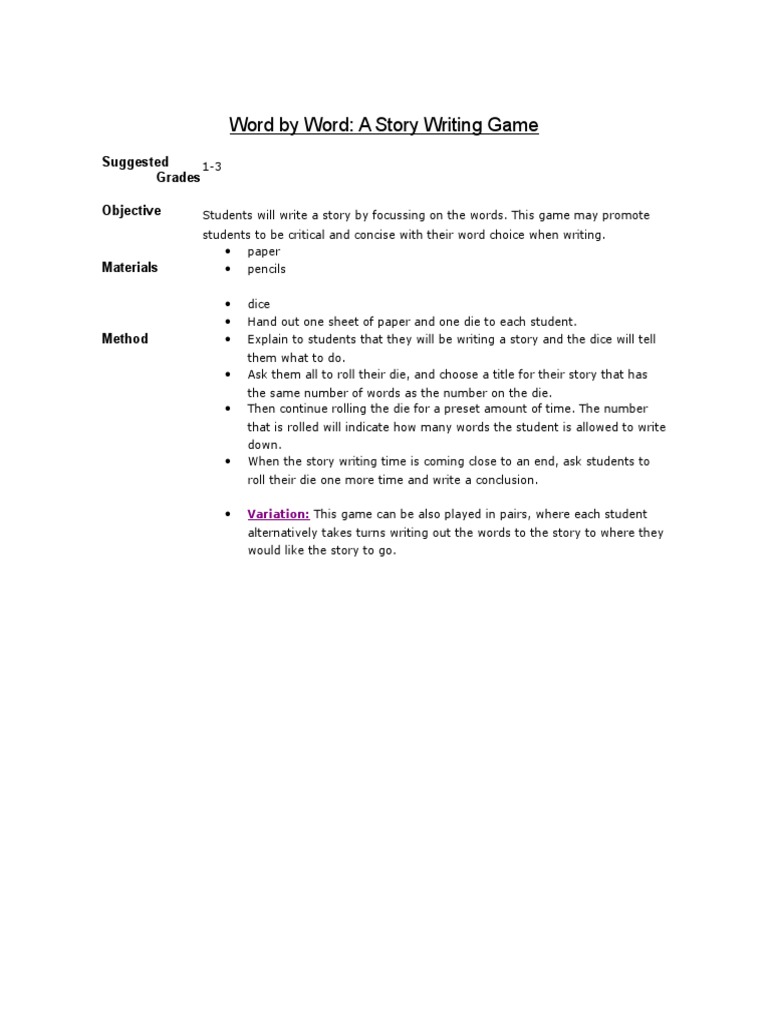 Word by Word: A Story Writing Game: Suggested Grades Objective | PDF ...