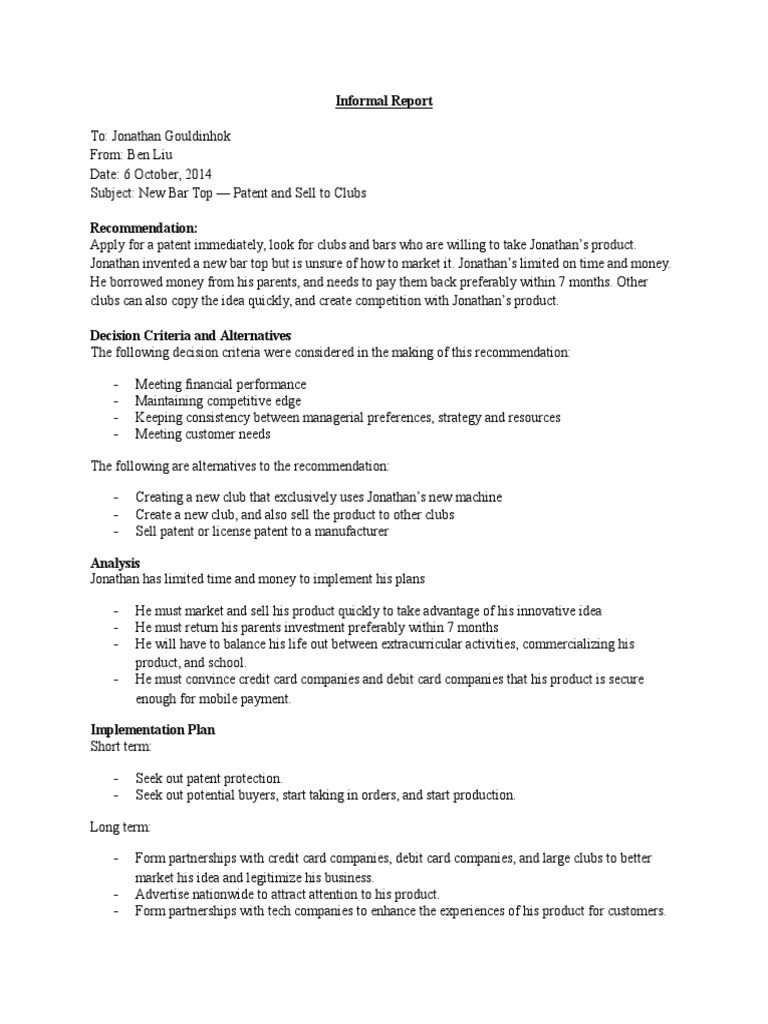 Informal Report Example | PDF | Patent | Credit (Finance)
