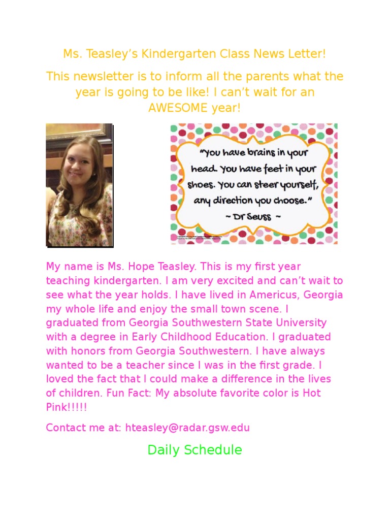 Ms. Teasley’s Kindergarten Class Overview | PDF | Schools | Further ...