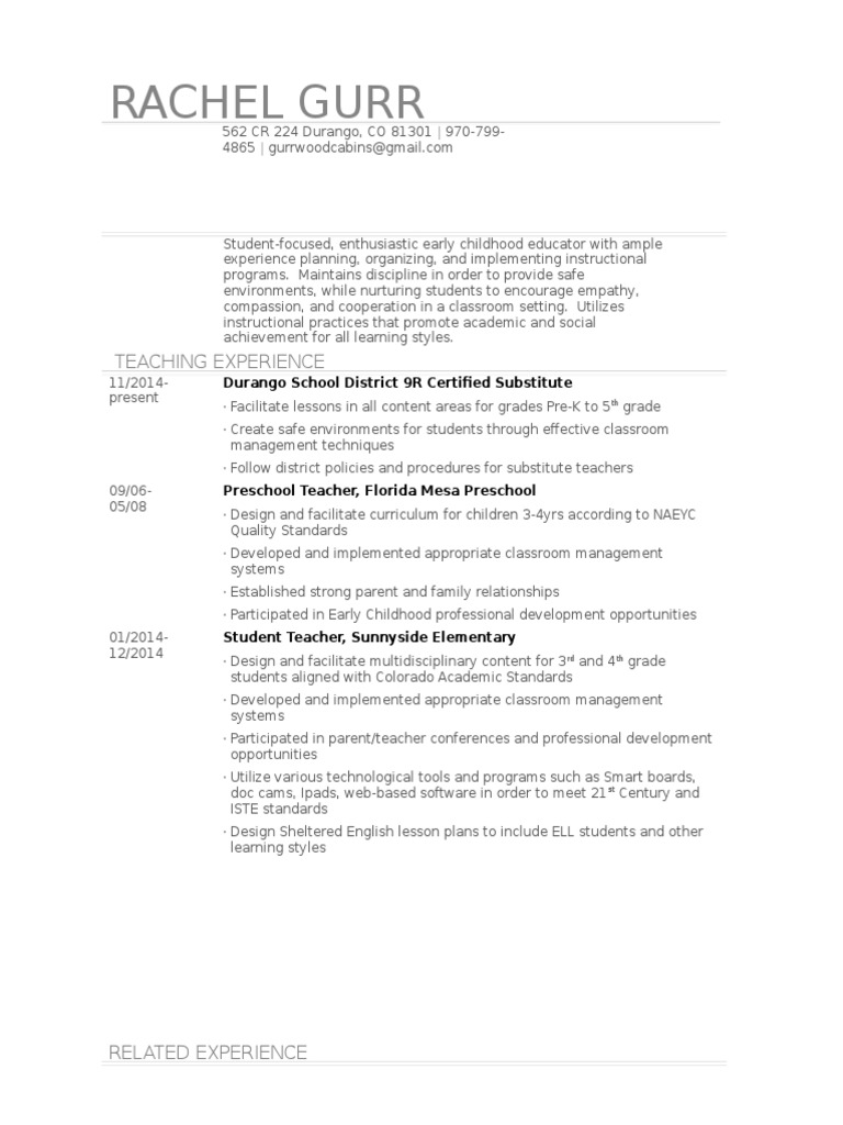 Rachel Gurr Resume | PDF | Early Childhood Education | Classroom Management
