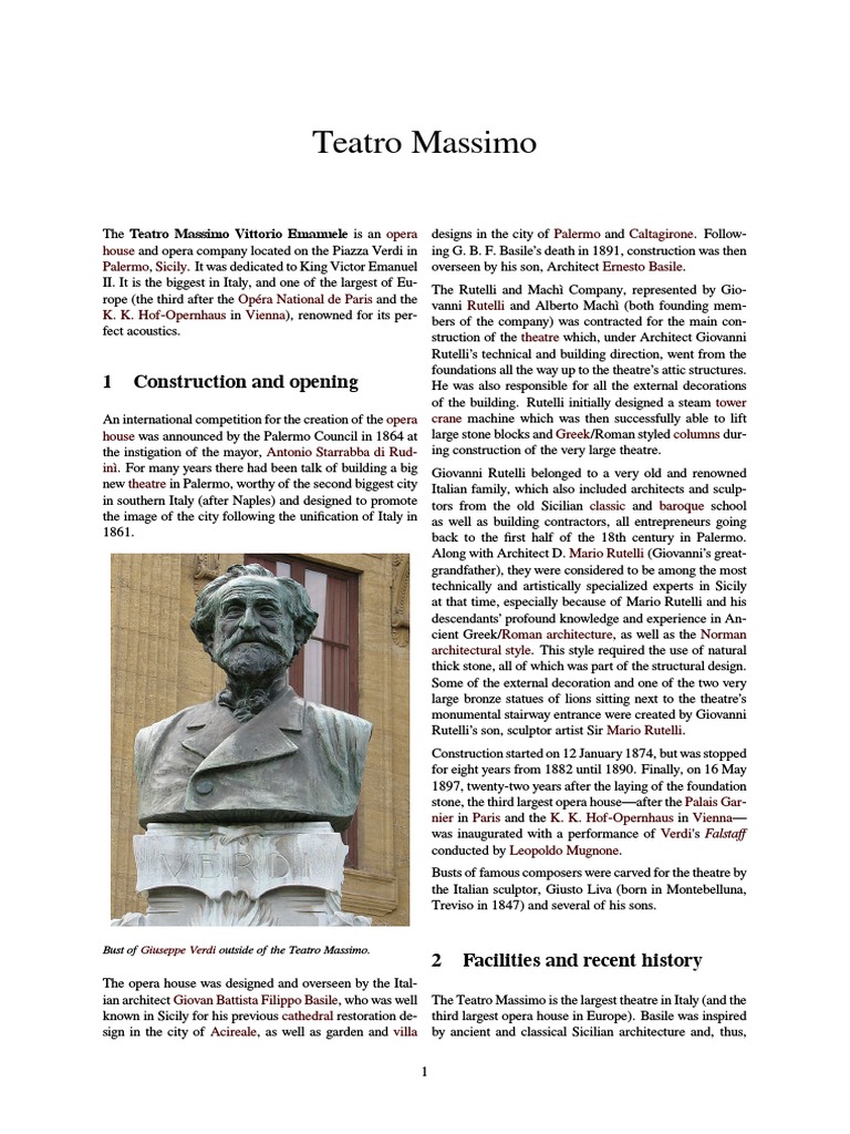 Teatro Massimo: 1 Construction and Opening | PDF | Theatre ...