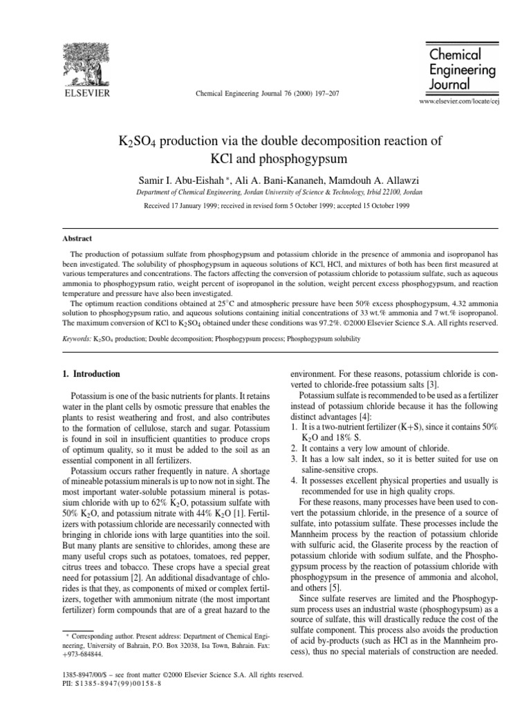 K2SO4 Production Via The Double Decomposition Reaction of KCL and ...