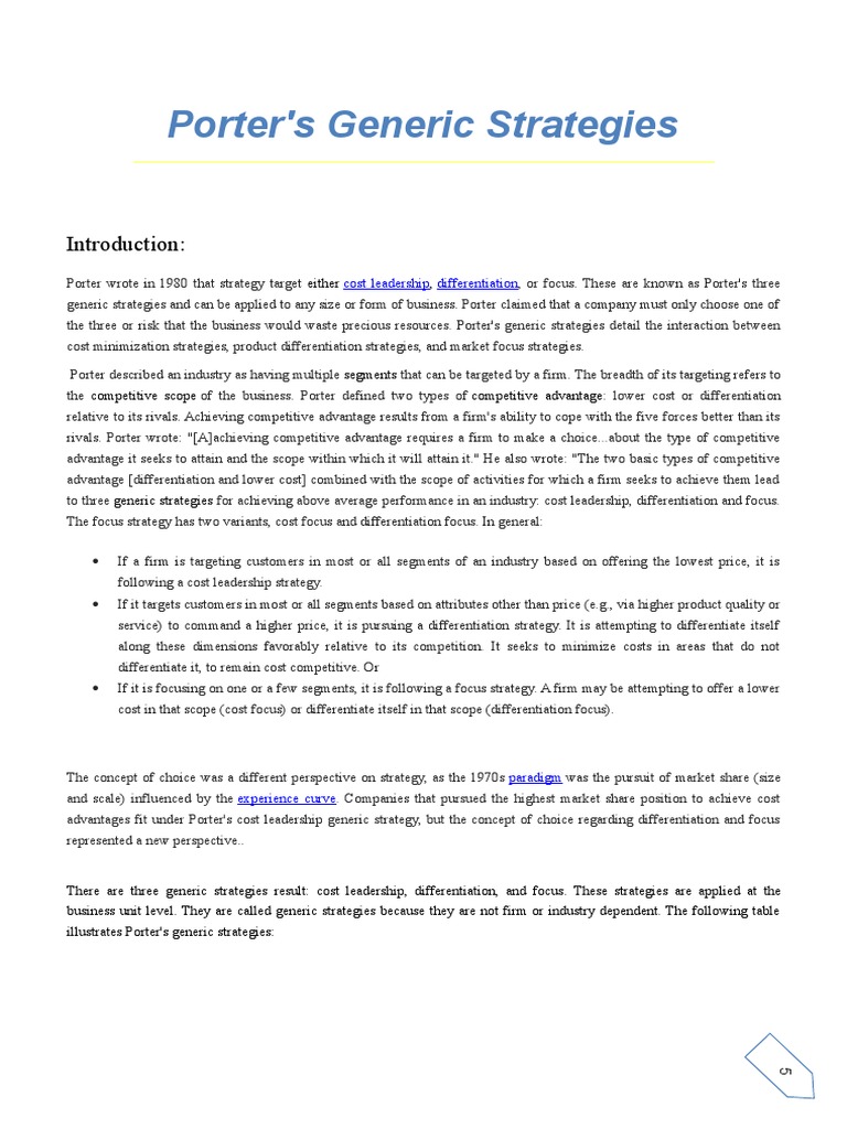 Porter's Generic Strategies: Cost Leadership Differentiation | PDF ...