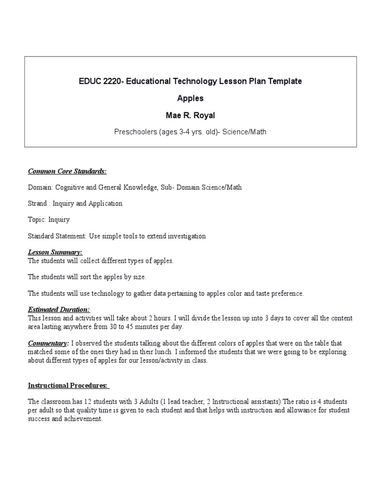 EDUC 2220-Educational Technology Lesson Plan Template Apples Mae R. Royal | PDF | Differentiated ...