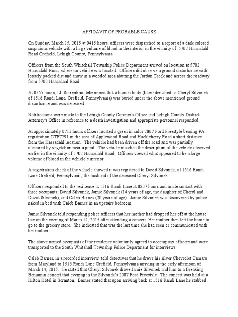 Affidavit of Probable Cause Case of Commonwealth Vs Jamie Silvonek ...