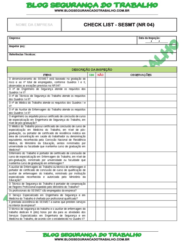 Modelo de Check List - SESMT (NR 4) | PDF | Enfermagem | Remédio