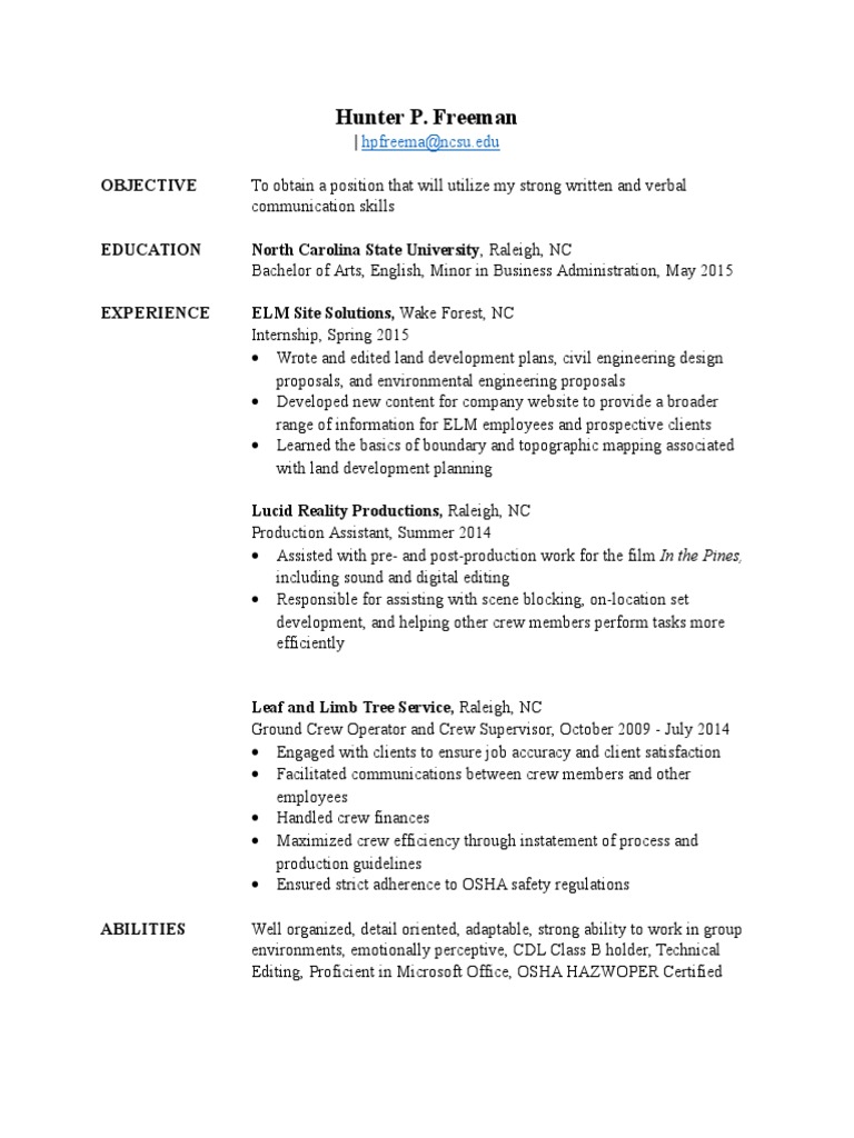 Hunter P. Freeman Resume Summary | PDF | Career & Growth | Art