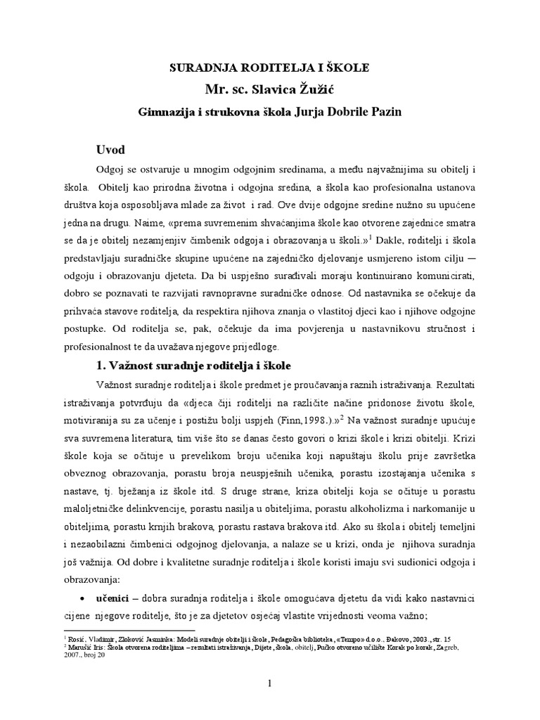 Suradnja Roditelja I Škole Slavica Žužić PDF | PDF