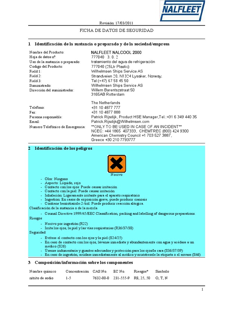 Data Nalfleet Nalcool 2000 Spanish | PDF | Toxicidad | Mercurio (Elemento)