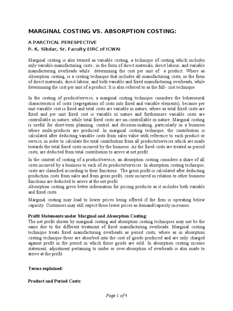 Absorption Costing vs. Marginal Costing | PDF | Cost | Cost Of Goods Sold