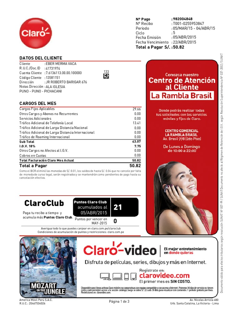 Recibo Claro RPC Abril | Descargar gratis PDF | Telefonía móvil ...