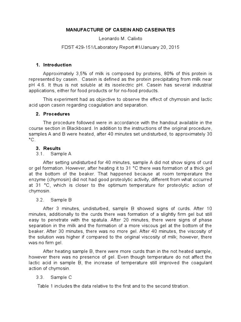 Lab Report 1 - Manufacture of Casein and Caseinates | PDF | Milk ...