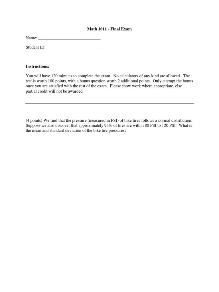 Math 1011 Final Exam | PDF | Statistical Significance | Confidence Interval