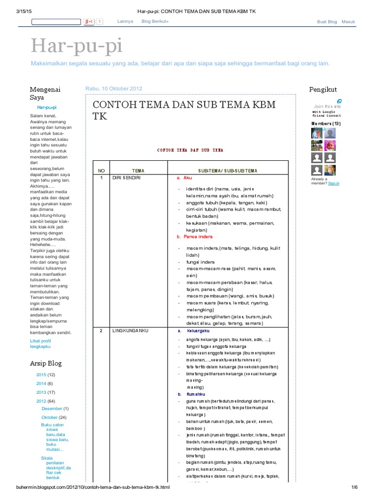 Har-Pu-Pi - Contoh Tema Dan Sub Tema KBM TK | PDF