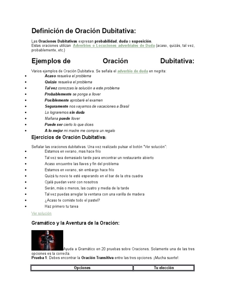 Ejemplos de Oraciones Dubitativas | PDF | Oración (Lingüística) | Adverbio
