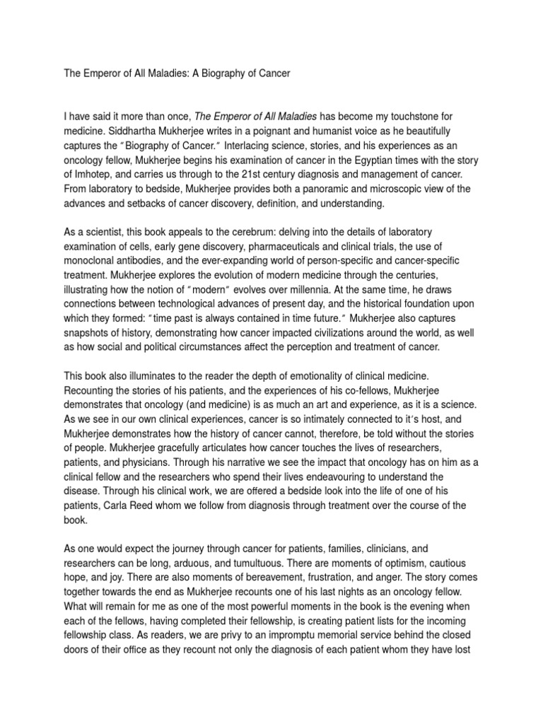 My Thoughts On The Emperor of All Maladies | PDF | Cancer | Medicine