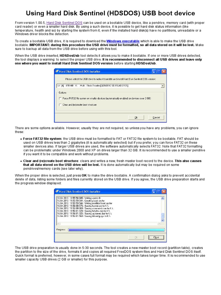 Using Hard Disk Sentinel (HDSDOS) USB Boot Device | Download Free PDF ...