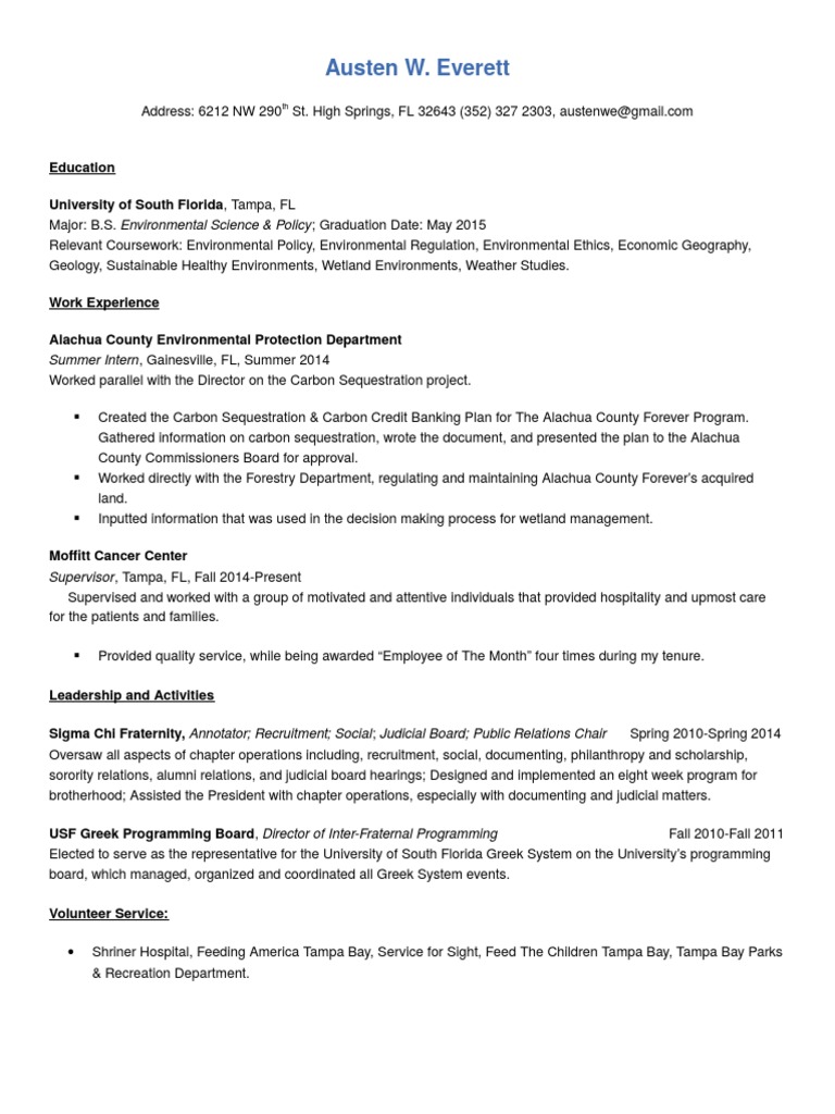 Austen W. Everett: Summer Intern, Gainesville, FL, Summer 2014 | PDF ...