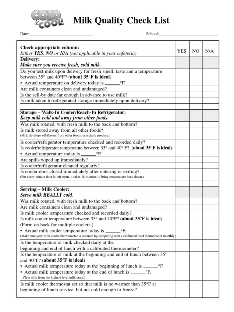 Checklist For Milk | PDF | Milk | Refrigerator