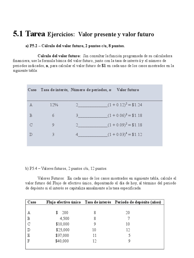 5.1 Tarea Ejercicios Valor Presente y Valor Futuro | PDF | Economía monetaria | Distribución de ...