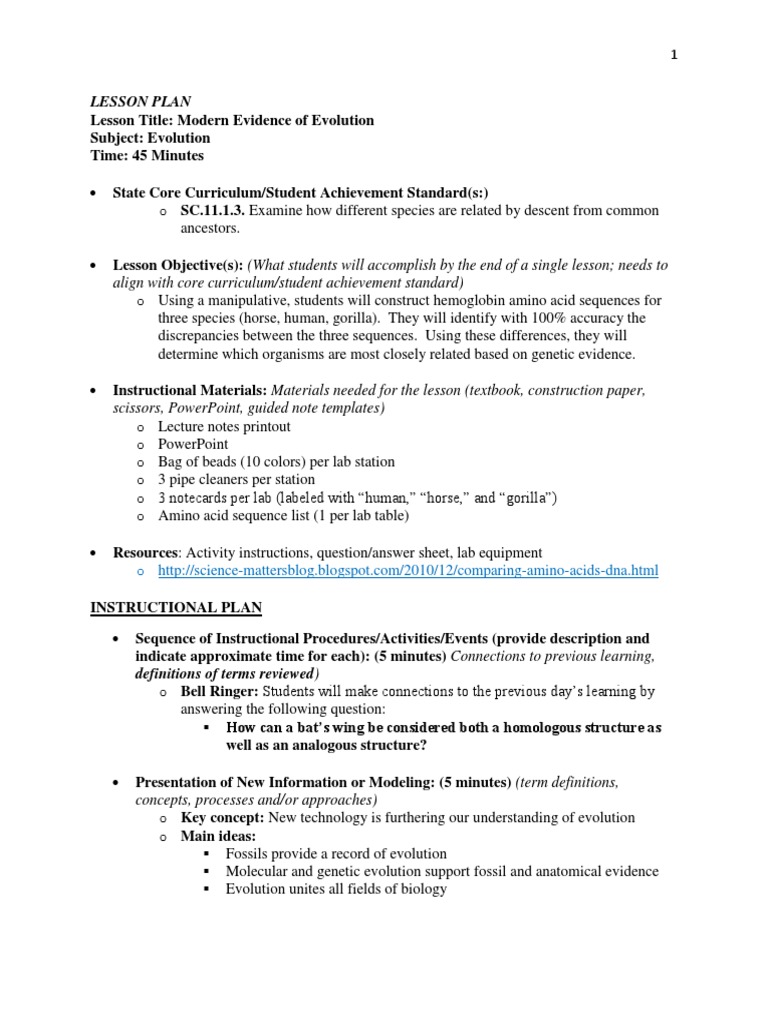 Evidence of Evolution Lesson Plan | PDF | Science & Mathematics