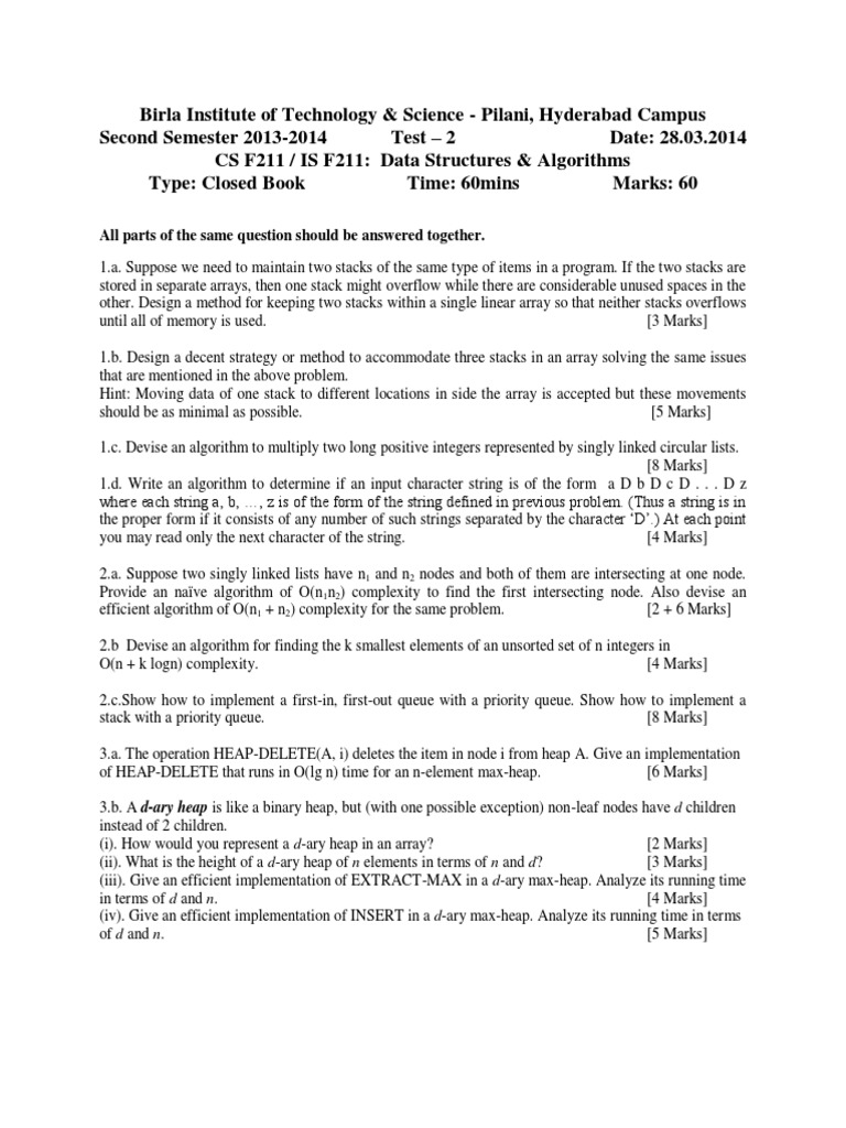 DSA 14 - Test 2 - Question Paper | PDF | Algorithms And Data Structures ...