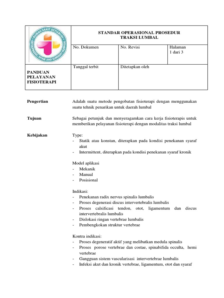 Prosedur Traksi Lumbal Fisioterapi | PDF