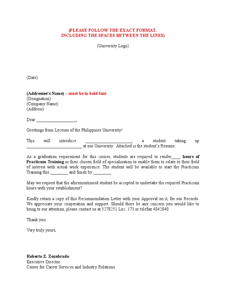 Practicum Training Recommendation Letter | PDF