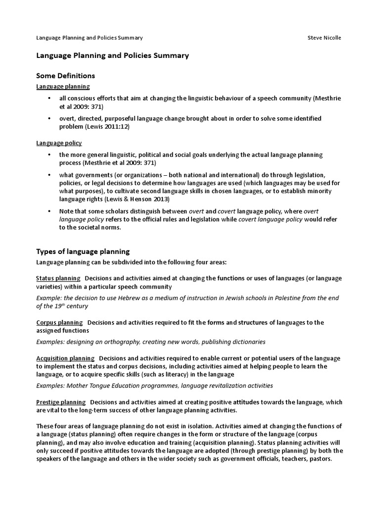 Language Planning and Policies Summary-Libre | PDF | Dialect | Dictionary