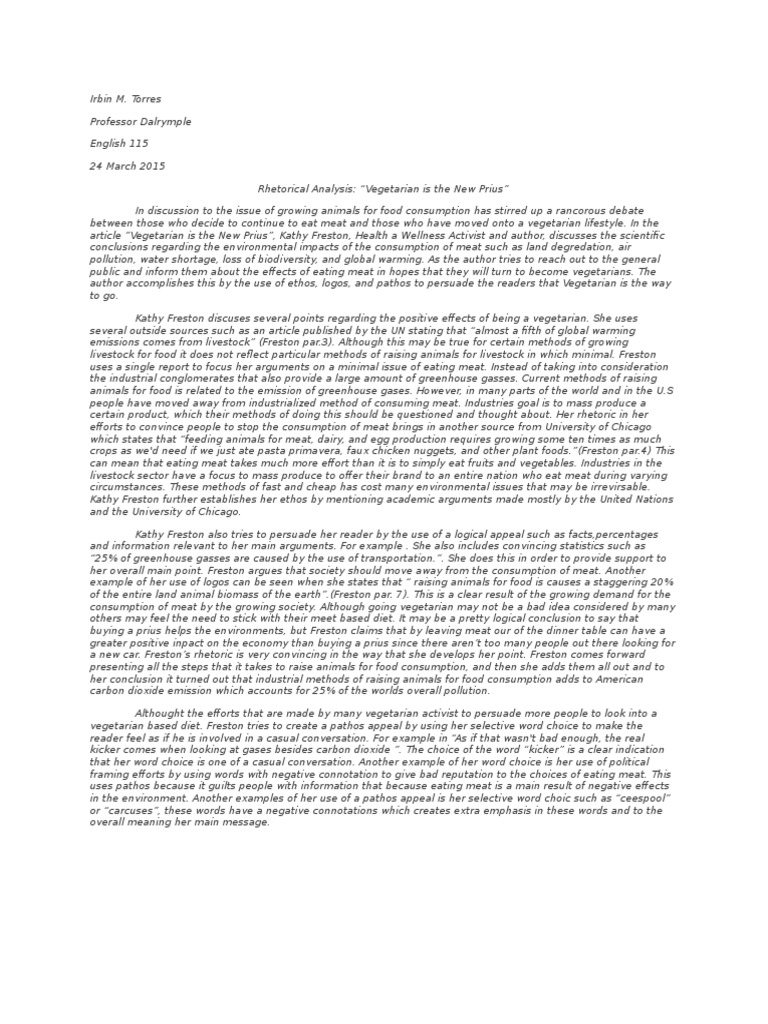 Rhetorical Analysis of Freston's Essay | PDF | Vegetarianism | Meat