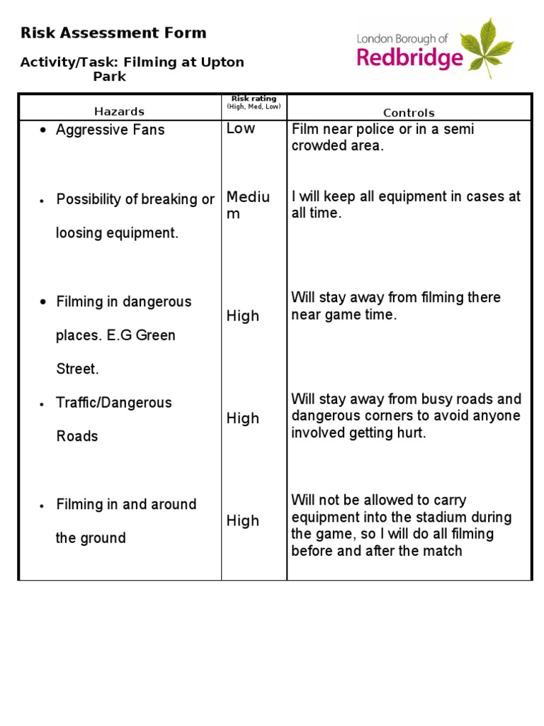 Filming Risk Assessment at Upton Park | PDF