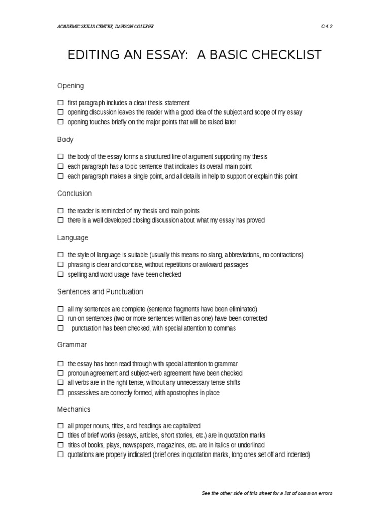 Editing Essay Checklist | PDF | Comma | Essays
