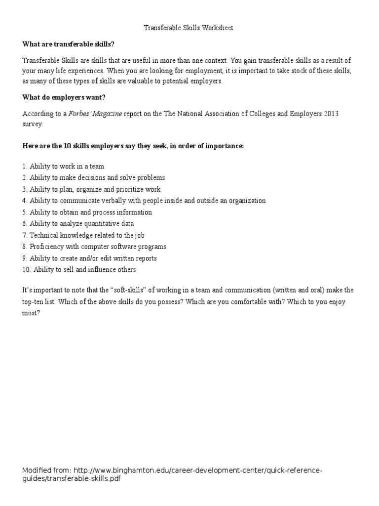 Transferable Skills Assessment Worksheet | PDF | Action (Philosophy ...