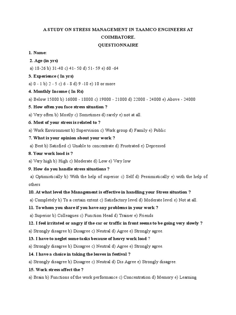 Questionnaire - Stress Management | PDF | Relaxation (Psychology ...