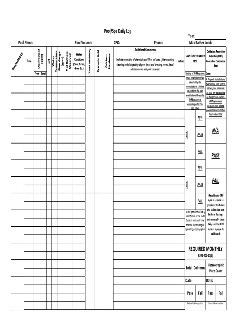 Daily Pool/Spa Log Documenting Water Testing, Equipment Functionality ...