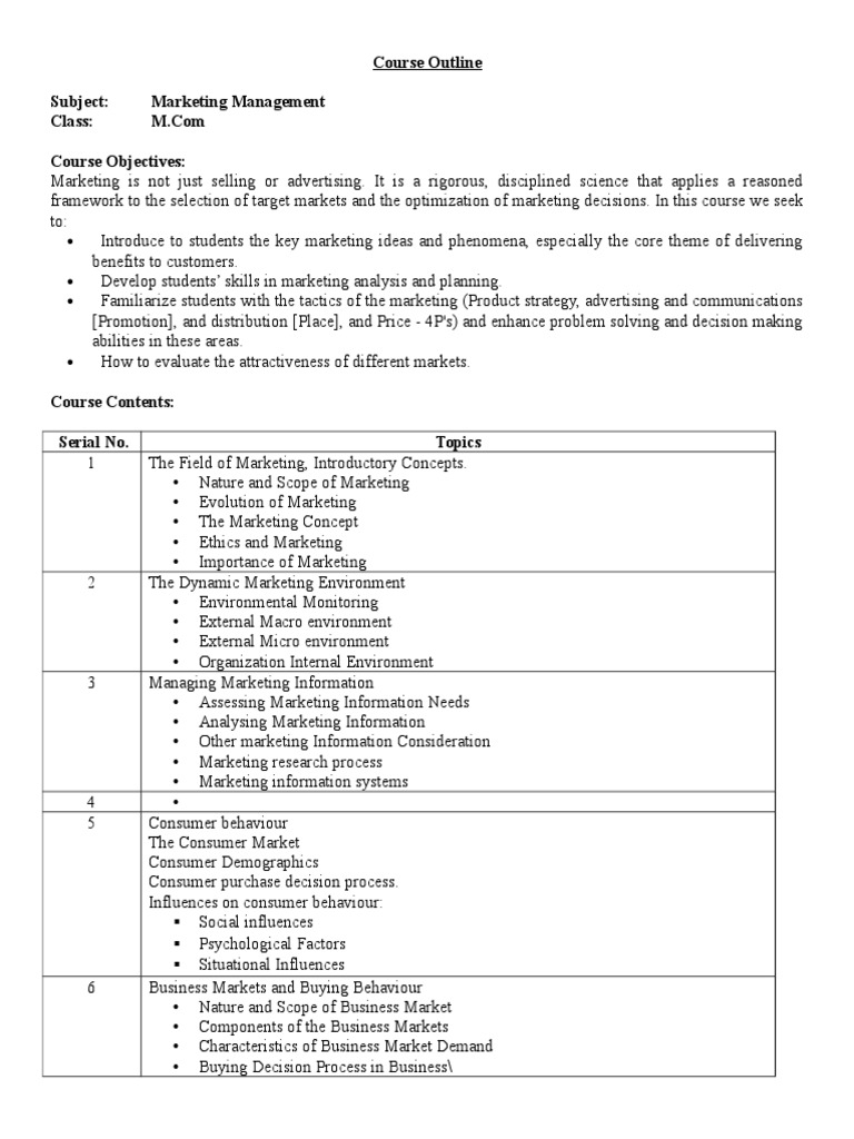 Course Outline Subject: Marketing Management Class: Course Objectives ...
