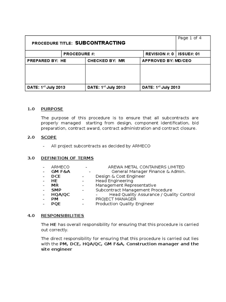Subcontract Management Procedure 1 | PDF | Construction Management | Project Management
