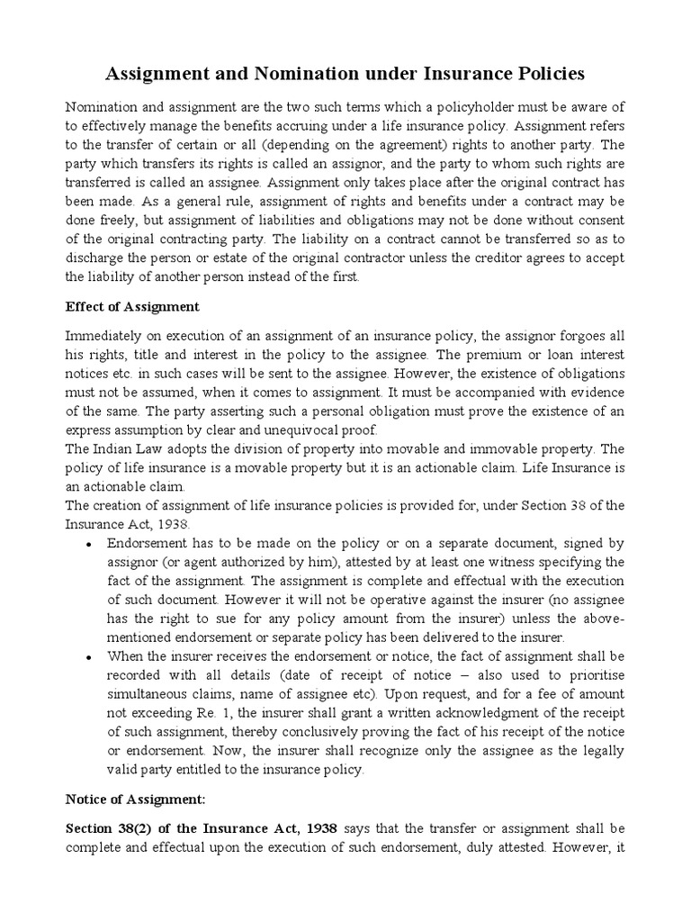 Assignment and Nomination Under Insurance Policies | PDF | Assignment ...